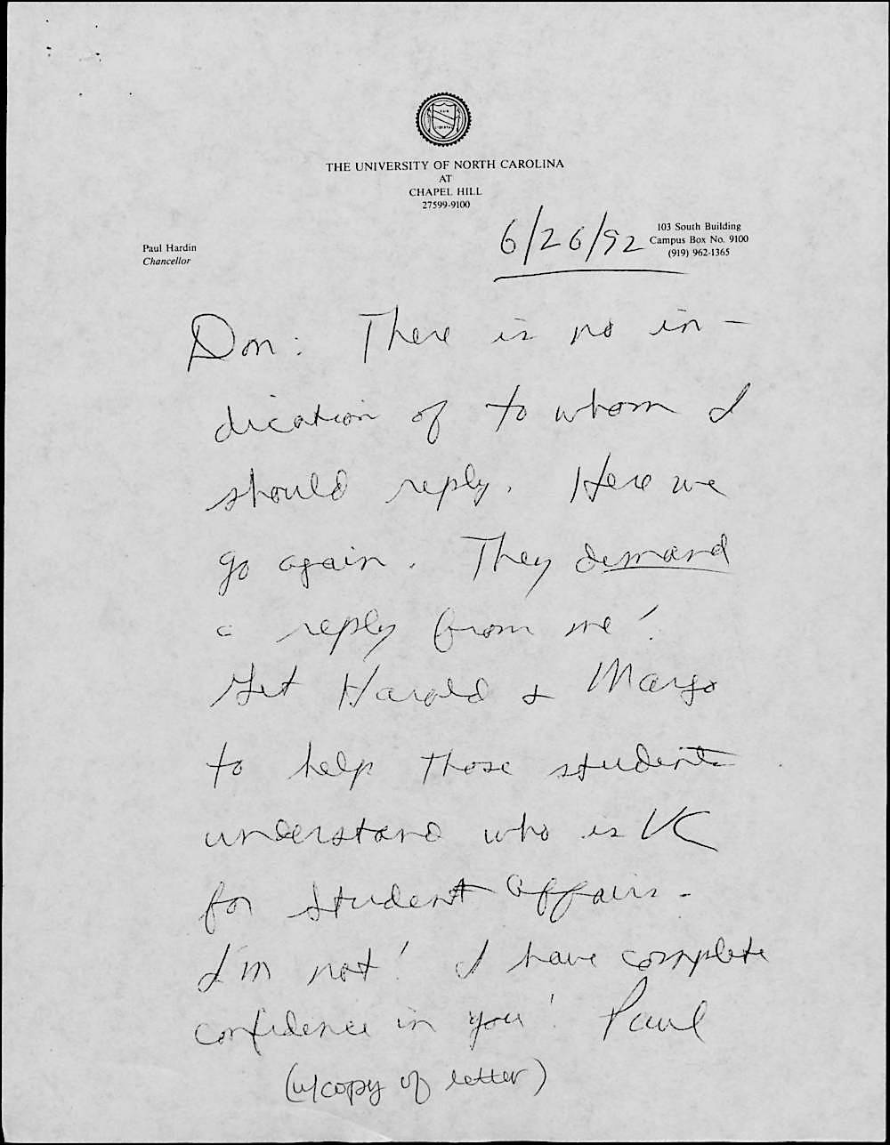 Letter from Chancellor Hardin to Donald Boulton Regarding Demands of ...